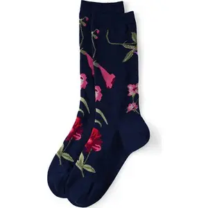 LANDS' END Novelty Crew Socks Navy Garden Flower