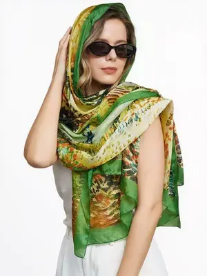 SILKSILKY Pure Silk Oil Painting Rectangle Scarf - Multi