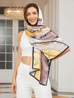 SILKSILKY Mulberry Silk Printed Rectangular Long Shawl Scarf - Yellow