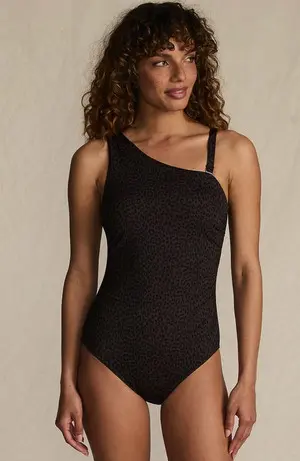 LANDS' END Shirred One-shoulder One-piece Swimsuit - Brown Leopard