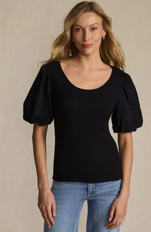 LANDS' END Rib Puff Sleeve Scoop Neck Top - Black