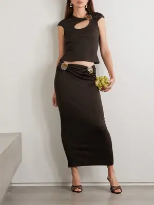 Christopher Esber Mineral Stone Embellished Ruched Ribbed Jersey Midi Skirt