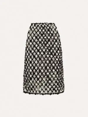 Oscar De La Renta Sequin Floret Embroidered Tweed Skirt