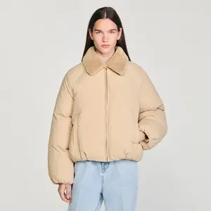 Sandro Padded Puffer Jacket With Faux Shearling Collar - Beige