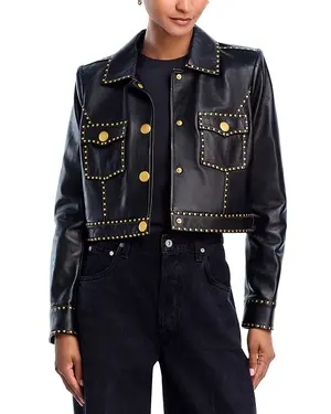 L'Agence Winsome Leather Crop Studded Jacket - Black