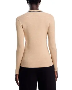 T Tahari Long Sleeve Ribbed Pullover Sweater With Collar - Stone Camel Heather