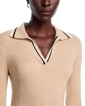 T Tahari Long Sleeve Ribbed Pullover Sweater With Collar - Stone Camel Heather