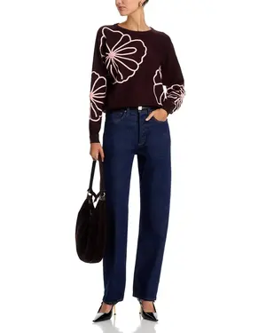 T Tahari Floral Embroidered Pullover Sweater - Espresso Bean