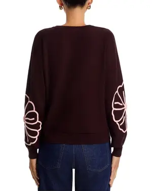 T Tahari Floral Embroidered Pullover Sweater - Espresso Bean