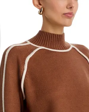T Tahari Contrast Piping Mock Neck Sweater - Sherwood Camel