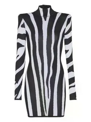 Balmain Zebra-intarsia High-neck Mini Dress - Black