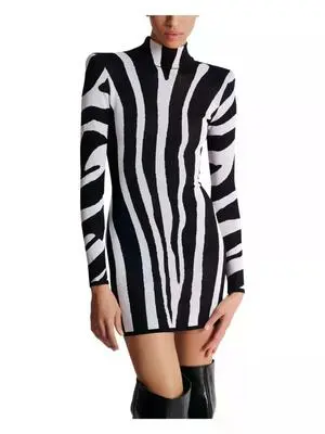 Balmain Zebra-intarsia High-neck Mini Dress