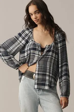 PILCRO Plaid Scoop-neck Top