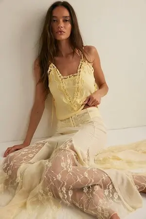 Free People Intimately Maxi Slip Skirt With Lace And Mesh Accents Vanilla Custard