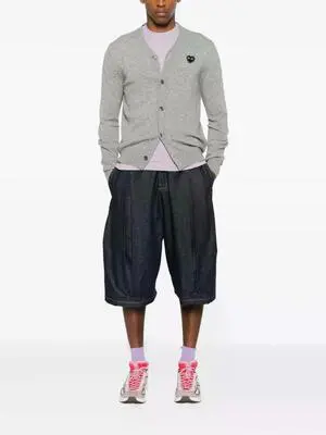 Play Comme Des Garcon Heart-emblem Cardigan With Rhinestone Embellishments - Grey