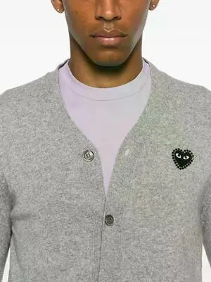 Play Comme Des Garcon Heart-emblem Cardigan With Rhinestone Embellishments - Grey