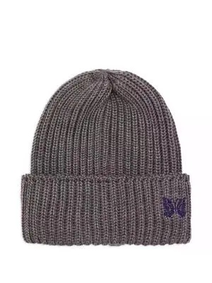 Needles Ribbed-knit Beanie With Butterfly Embroidery - Grey