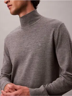 Calvin Klein Merino Wool Mock Neck Sweater - Medium Grey Heather