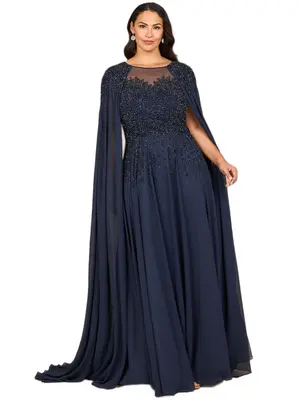 LARA NEW YORK Chiffon A-line Gown With Cape Sleeves - Navy