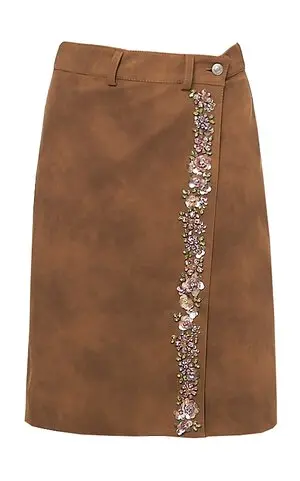 DES_PHEMMES Embroidered Faux Suede Wrap Skirt - Tan