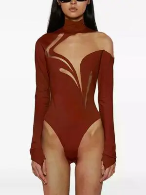 MUGLER High-neck Long-sleeve Bodysuit - Brown