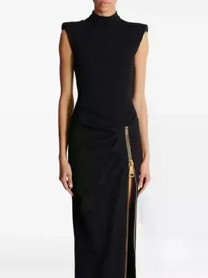 Balmain Long Jersey Dress With Leg Slit And Oversized Gold Zip - Black