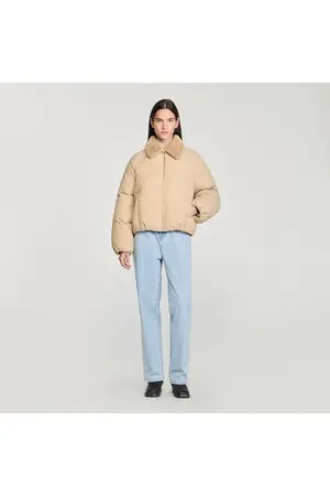 Sandro Puffer Jacket With Faux Shearling Collar - Brown / Neutral