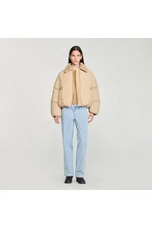 Sandro Puffer Jacket With Faux Shearling Collar - Brown / Neutral