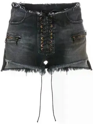 BEN TAVERNITI UNRAVEL PROJECT Frayed Lace-up Denim Shorts - Black