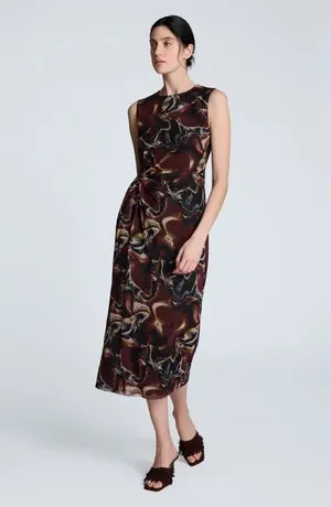 KENNETH COLE Abstract Print Side Ruched Midi Dress