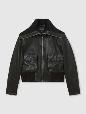 REISS Leather Rib-trim Jacket