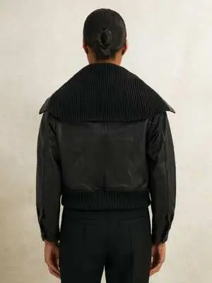 REISS Leather Rib-trim Jacket