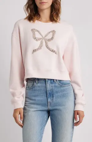 LoveShackFancy Rylan Faux Pearl Embellished Bow Sweatshirt - Wistful Pink