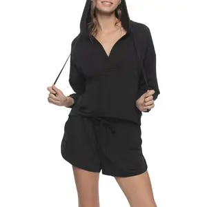 Felina Kimora Relaxed Fit Cotton Blend Terry Hoodie & Shorts Pajamas - Black