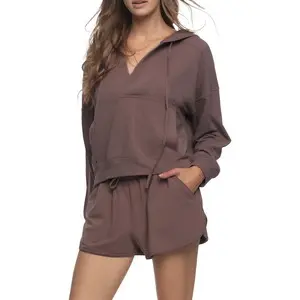 Felina Kimora Relaxed Fit Cotton Blend Terry Hoodie & Shorts Pajamas - Deep Taupe