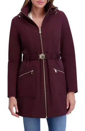 Kensie Soft Shell Hooded Belted Zip-up Coat - Burgundy