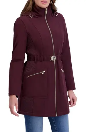 Kensie Soft Shell Hooded Belted Zip-up Coat - Burgundy