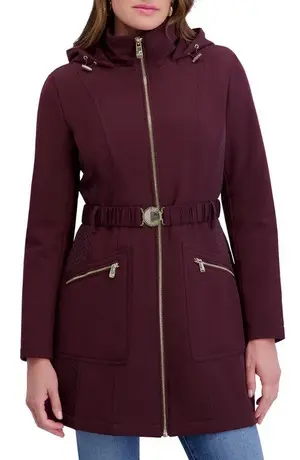 Kensie Soft Shell Hooded Belted Zip-up Coat - Burgundy