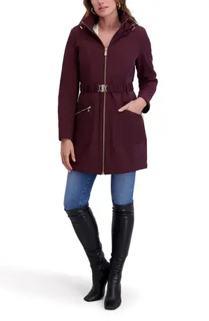 Kensie Soft Shell Hooded Belted Zip-up Coat - Burgundy