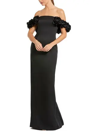 Mac Duggal Satin 3d Flower Off-the-shoulder Gown - Black
