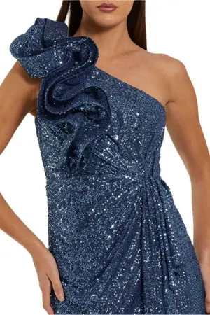 Mac Duggal Sequin One-shoulder Gown With Ruffle Detail
