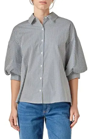English Factory Striped Puff Sleeve Button-up Shirt - Navy