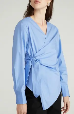 Universal Standard Stretch Cotton Blend Poplin Wrap Top - Light Blue