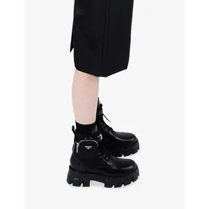 Prada Monolith Leather And Re-nylon Combat Boots With Pouch