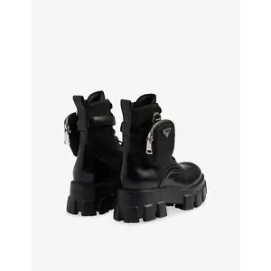 Prada Monolith Leather And Re-nylon Combat Boots With Pouch