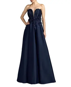 Mac Duggal Strapless Floral Embellished Gown - Navy