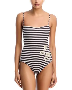 Juan De Dios Las Balsas Embroidered One Piece Swimsuit - Black White Stripes