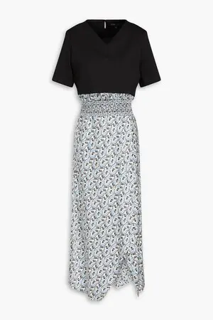 Maje Floral-print Satin And Stretch-jersey Midi Dress