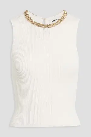 Sandro Crystal-embellished Ribbed-knit Top