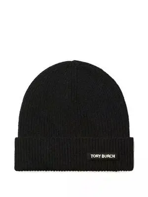 Tory Burch Ribbed Logo-detail Beanie - Black
